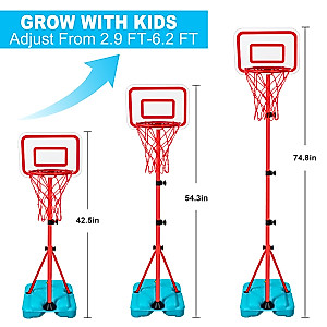 Kids Basketball Hoop Adjustable Height 2.9 ft-6.2 ft Toddler Basketball Hoop for Kids Indoor Outdoor Play Portable Basket Ball Goal Backyard Outside Toys for Boy Girl Age 2 3 4 5 6 7 8