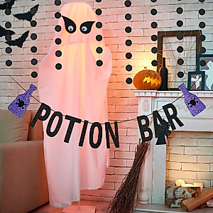Potion Bar Banner Black Glitter and Black Glittery Circle Dots Garland- Halloween Hocus Pocus Decorations Halloween Witch Party Decorations Potion Halloween Decor
