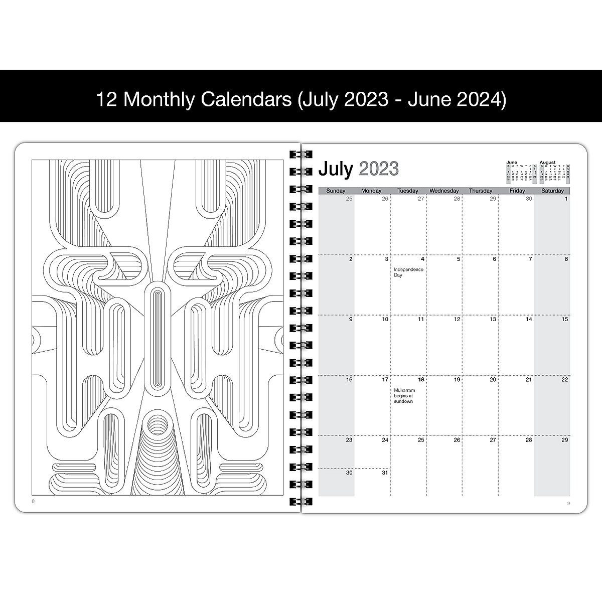 Action Publishing Coloring Day Planner · 2023-2024 Geometric · Daily and Weekly Scheduling and Goal Planning, with Lines, Shapes and Pattern Coloring Pages· July - June (8.5 x 11 inches)