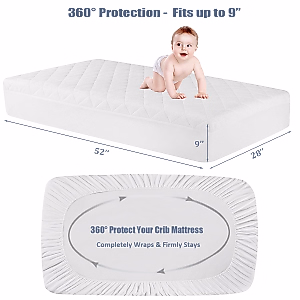 Waterproof Crib Mattress Protector, Baby Mattress Cover, Soft and Breathable Quilted Toddler Mattress Pad 52"×28", White, 2 Pack