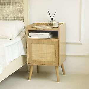 AWASEN Mid Century Nightstand with Charging Station, Rattan Night Stand with Storage, Bedside Table End Table with 2 Tiers Shelf Space for for Bedroom,Living Room, Natural Walnut