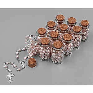 Baptism Favor (12PCS) Holy Communion Rosary in Glass Bottle Jar Recuerdos De Bautizo Quinceanera Pink Pearl Christening Recuerdos para Primera Comunion Niña Quinceanera Gift for Guests