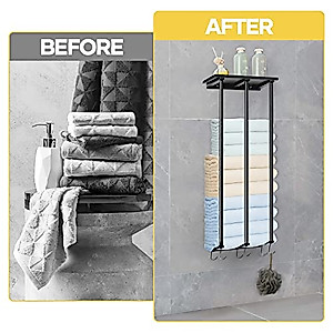 Towel Racks for Bathroom Wall Mounted, MOOACE 3 Bar Adhesive Rolled Towel Holders with Wood Top and 6 Hooks,Metal Bathroom Organizer for Folded Large Towel Washcloths - Black