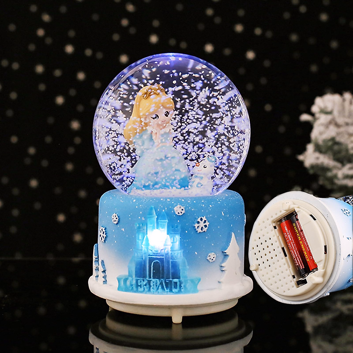 Snow Globe for Girls,80MM Music Box with LED Lights&Automatic Snowfall,Princess Toys Gifts for Kids Women Birthday Christmas Valentine,Decorations for Living Room Bedroom Coutertop(Sit Pose)
