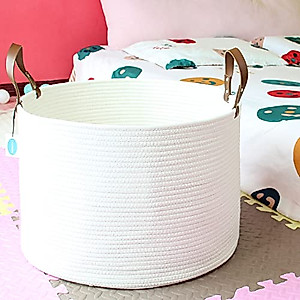 Casaphoria XXXLarge Cotton Rope Basket for Living Room - Woven Storage Basket with long Handle for Blankets, Towels and Pillows Laundry Hamper | Beige 20" x 20" x 13")