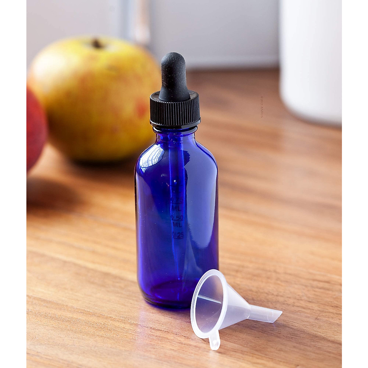 JUVITUS 2 oz / 60 ml Cobalt Blue Glass Boston Round Graduated Measurement Glass Dropper Bottle (6 pack) + Funnel