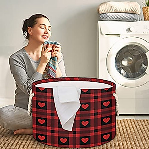 Red Love Heart Plaid Large Round Baskets for Storage Laundry Baskets with Handles Blanket Storage Basket for Bathroom Shelves Bins for Organizing Nursery Hamper Girl Boy