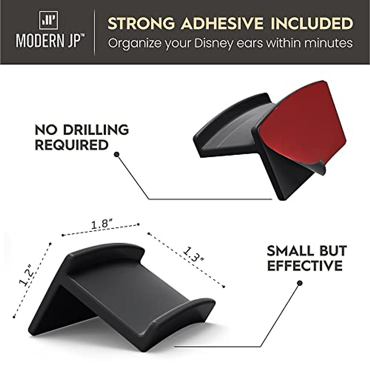 Modern JP Adhesive Hooks for Disney Ears (8-Pack) - Minimalist Disney Ear Holder, No Drilling Headband Holder Design, Strong Hold Headband Organizer - U.S. Patent Pending, Black