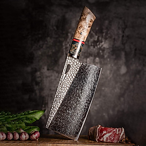 FZIZUO Damascus Kitchen Chinese Cleaver,7.5in Professional Handmade Chopping Chopper Knives with Burl Stabilized Wood Handle for Meat and Vegetable in Home&Restaurant