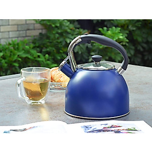 Rorence Stainless Steel Whistling kettle: 2.6 Quart with Capsule Bottom & Heat-resistant Glass Lid – Navy Blue