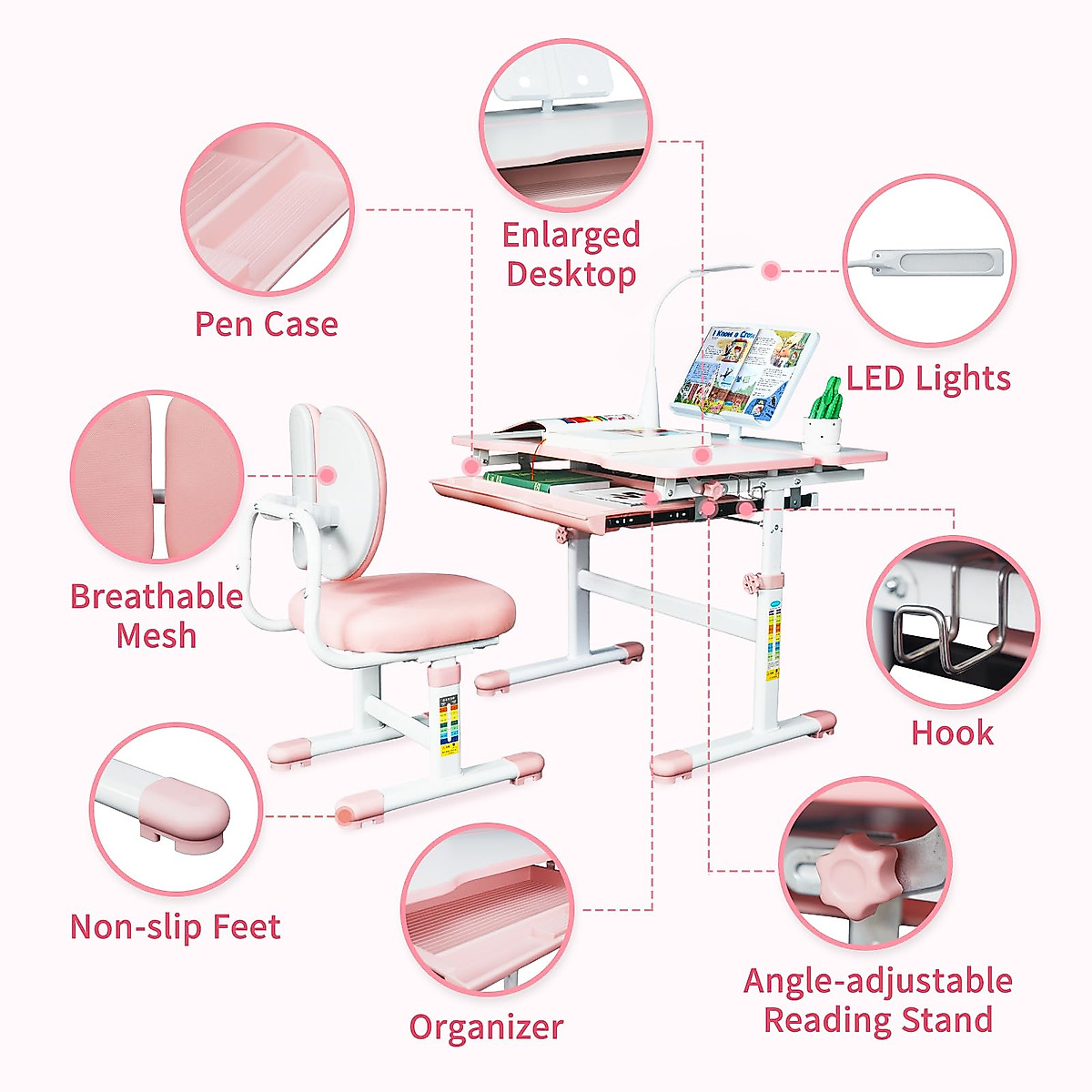Kids Desk and Chair Set, Height-Adjustable Chair and Desk for Kids, Kid Desk with 3 Modes and 3 Brightness Led Lamps, Childrens Desk with 60° Tilting Tabletop and Extra-Large Storage Drawer (Pink)