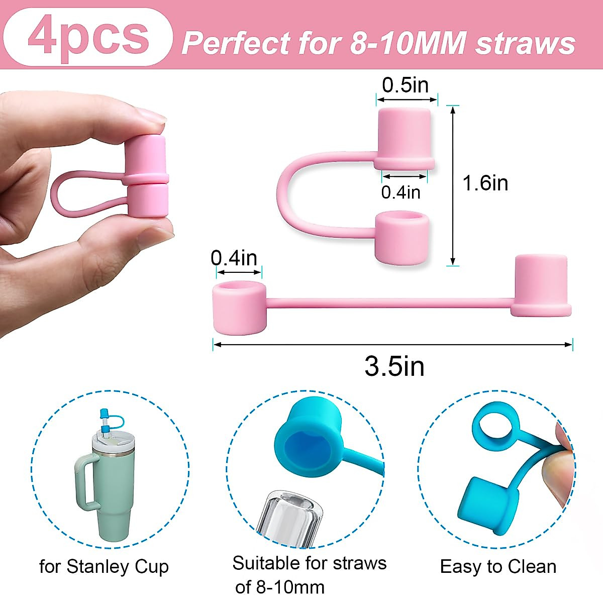 4Pcs 0.4in Straw Cover Cap for Stanley Cup Accessories, Silicone Straw Topper Compatible for Stanley 30&40 Oz Tumbler with Handle, Dust-Proof Drinking Straw Reusable Straw Tips Lids