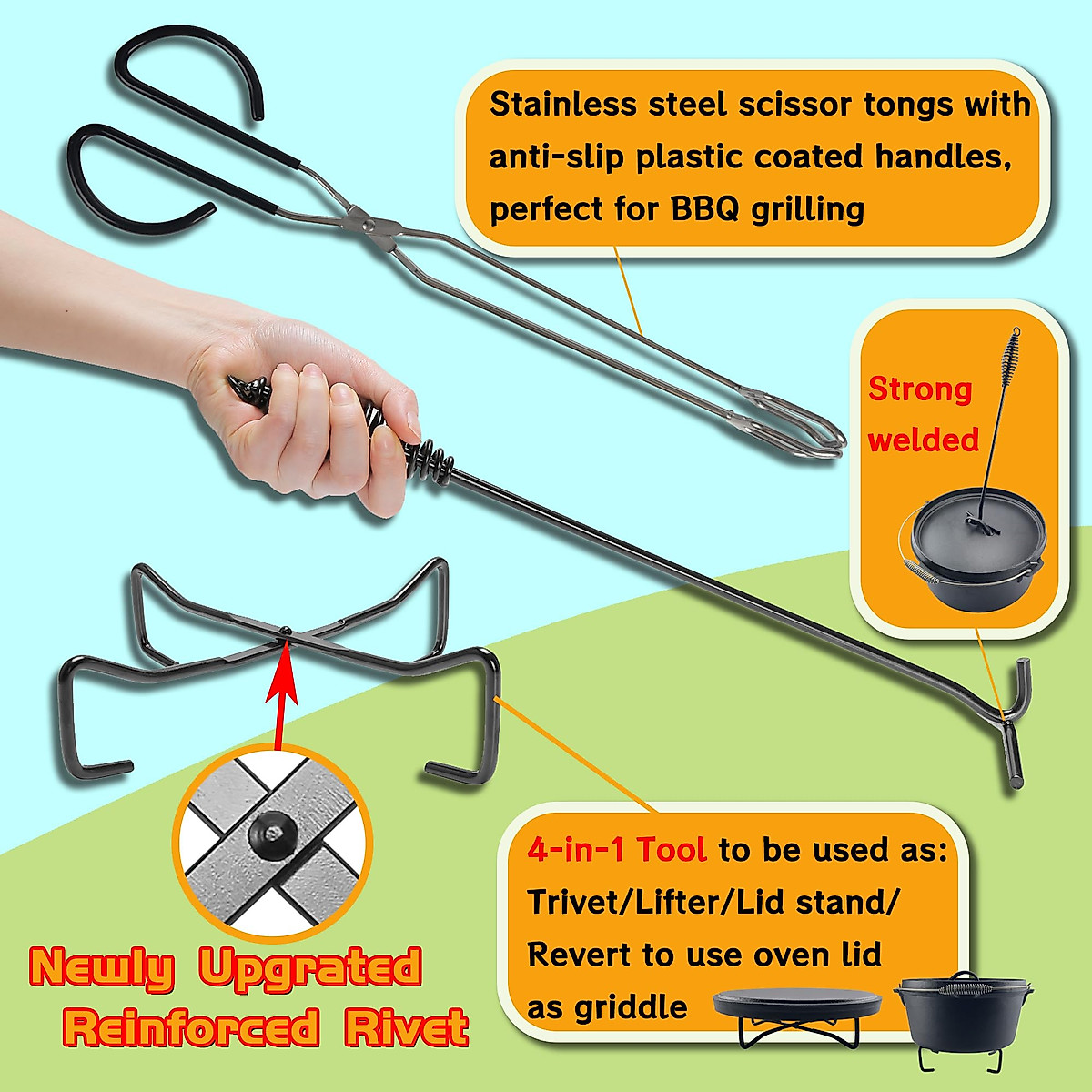 IPROUDER Dutch Oven Lid Lifter, Dutch Oven Lid Stand, Heat Resistant Gloves, Scissor Tongs, Pot Stand, Trivet for Camping, Dutch Oven Tool Combo, BBQ tool set, Outdoor Camping Cooking Accessories