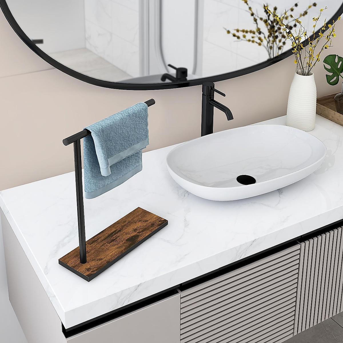 BCOZLUX Hand Towel Holder, Countertop Hand Towel Stand for Bathroom and Kitchen, Counter Towel Racks (Rustic Brown-Square Base-L Shape-Long)