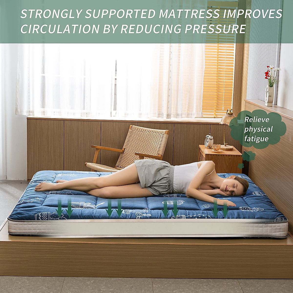 MAXYOYO Grey Cactus Pattern Futon Mattress, Japanese Floor Mattress Twin Size, Quilted Bed Mattress Topper, Extra Thick Folding Sleeping Pad Breathable Floor Lounger Guest Bed for Camping Couch