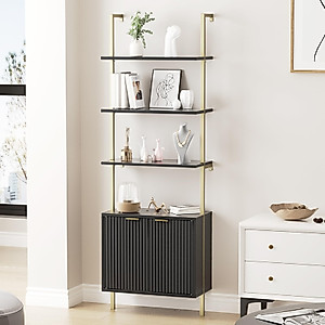 Ladder Bookshelf with Cabinet, 71" Tall Wall Mounted Bookcase with Shelves & Storage, Fluted Ladder Shelf with Metal Frame, 5-Tier Display Rack for Living Room, Home & Office, Bedroom, Black & Gold