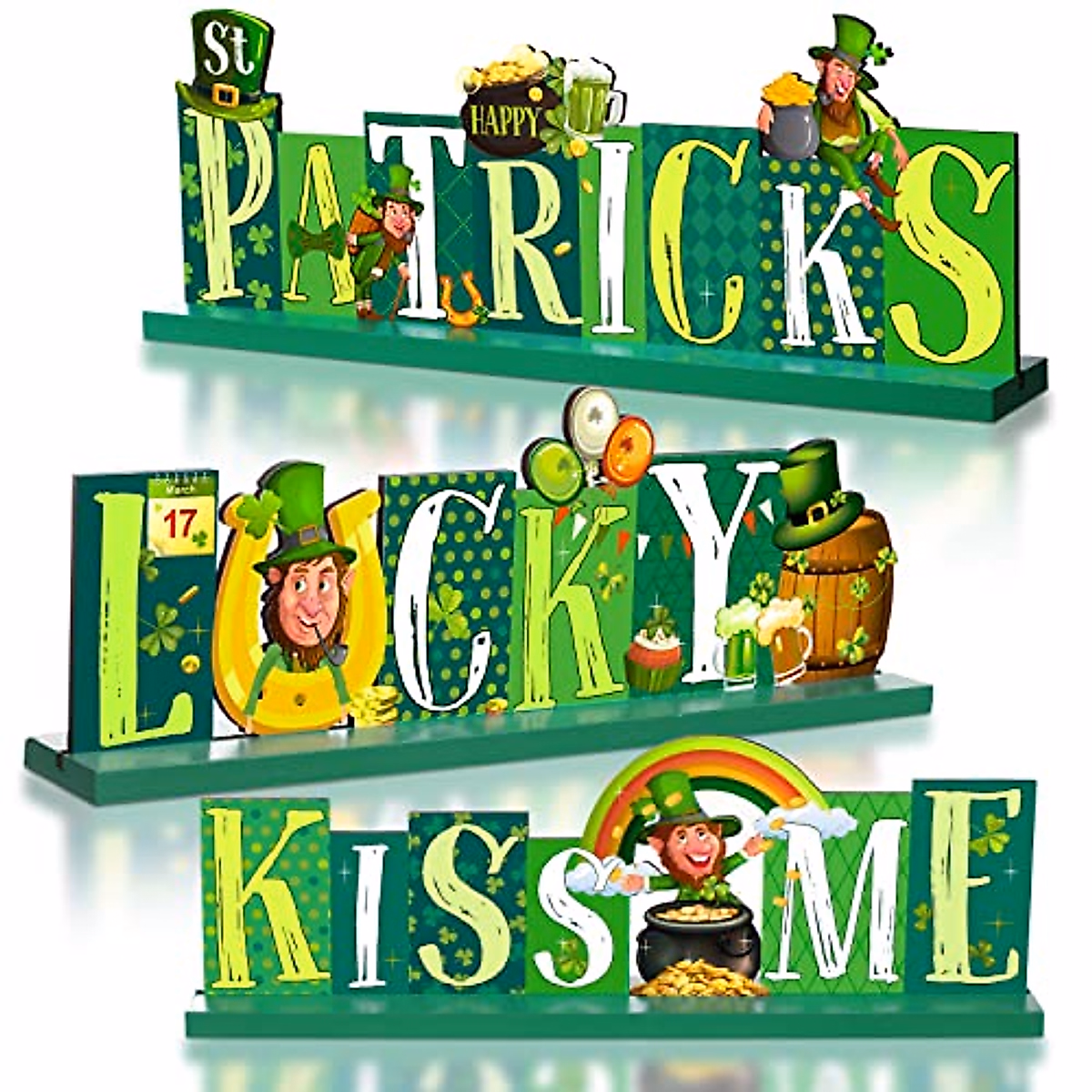 3 Pcs St. Patrick's Day Table Decoration Wood Happy St Patrick's day Sign Irish Lucky Table Centerpiece Green Shamrocks Leprechaun Table Topper Sign for St. Patrick's Day Party Home Table Decor