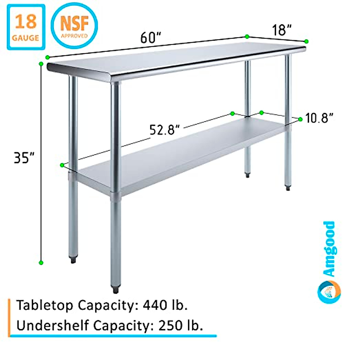 AmGood 18" X 60" Stainless Steel Work Table | Metal Kitchen Food Prep Table | NSF