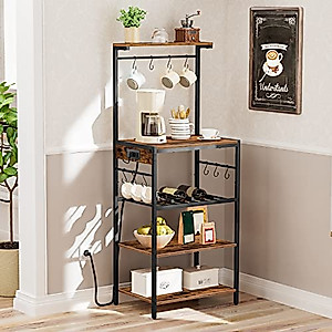 HOOBRO Bakers Rack with Power Outlet, 4-Tier Microwave Stand with Adjustable Wine Rack, Coffee Bar with 10 S-Shaped Hooks, for Kitchen, Living Room, Dinning Room, Rustic Brown BF60UHB01