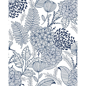 MelunMer Navy Blue Peel and Stick Wallpaper for Bathroom Boho Vintage Floral Leaf Contact Paper for Cabinets and Drawers Laundry Room Wallpaper Stick and Peel, Removable, Waterproof 17.3"×78.8"