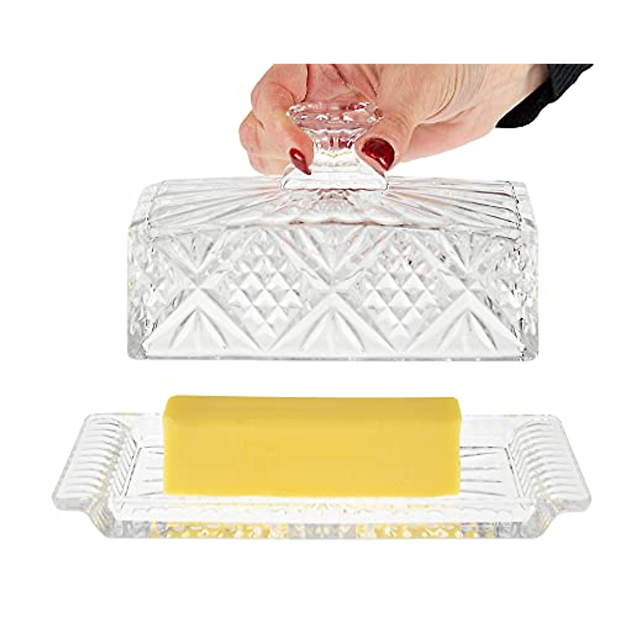 HOME-X Crystal Butter Dish with Lid, Real Crystal Covered Dish, Butter Holder for Serving and Storage, 8"L x 3 ½" W x 4' H, Crystal