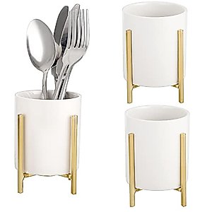 JUXYES Pack of 3 Ceramic Silverware Holder For Table Setting, White Cutlery Holder Holder With Golden Metal Bracket, Small Flatware Caddy Organizer Utensil Holder Organizer for Kitchen Dining Tables