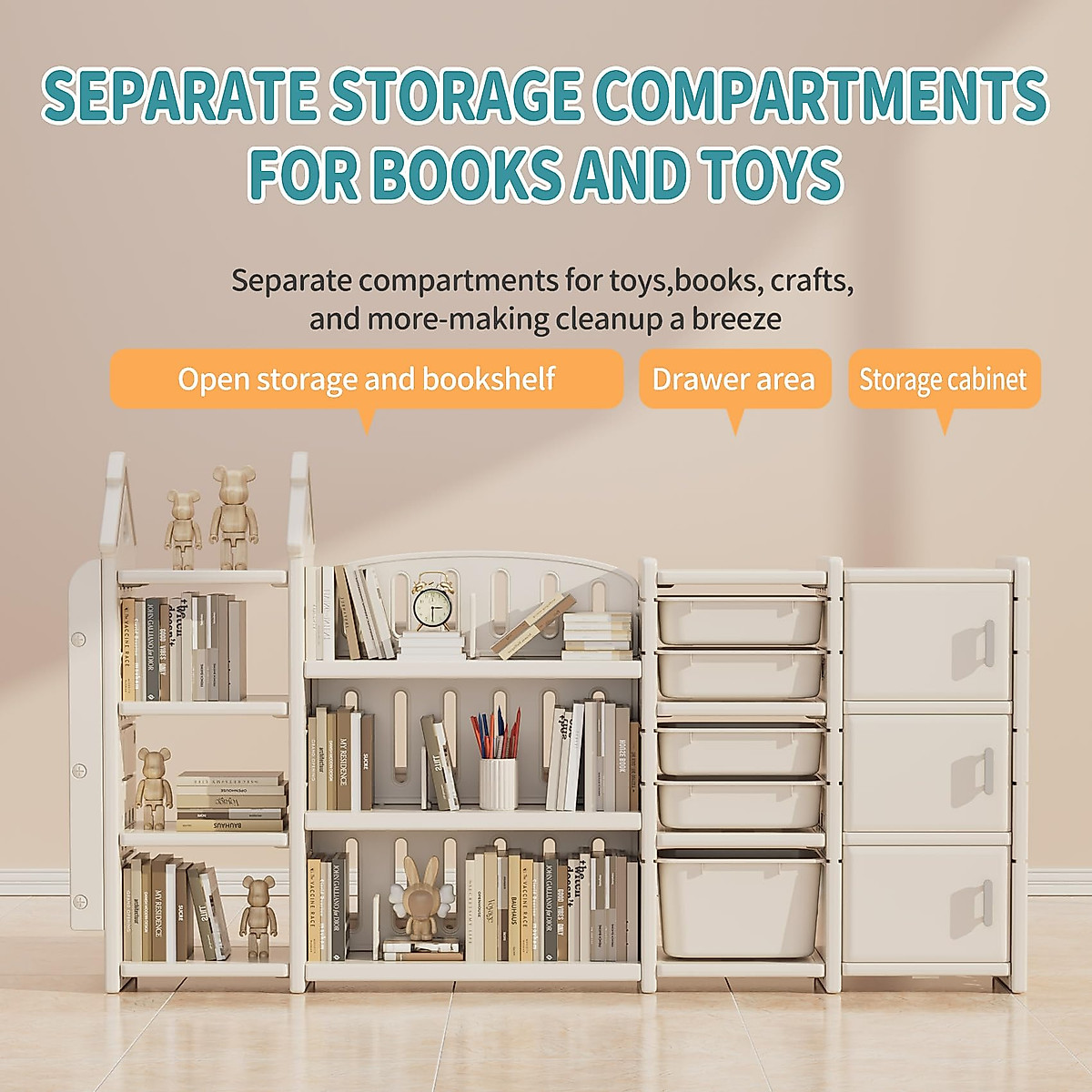 UNICOO Kids Toy Storage Organizer with Removable Bins, 4-Tier Bookshelf and Cabinet - Pull-Out Drawers Shelf for Toddlers - Space-Saving Solution for Nursery, Playroom, Study Room (White)