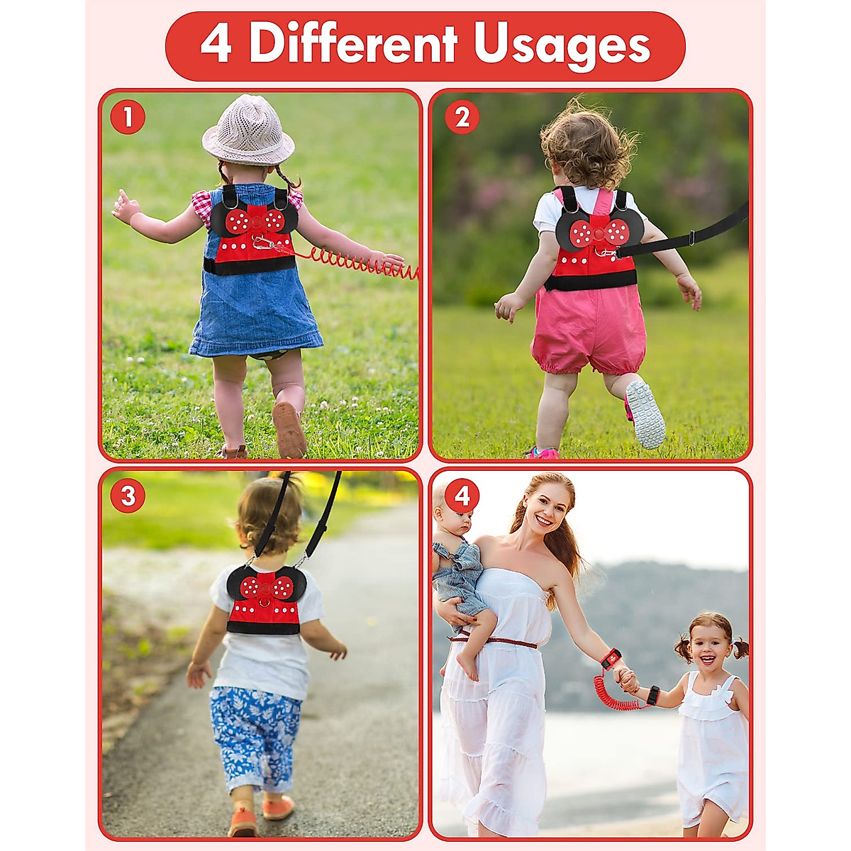 Lehoo Castle Toddler Harness with Leash, 4-in-1 Toddler Leash with Anti Lost Wrist Link for Toddlers, Kid Leashes for Girls, Baby Leashes for Toddlers (Minnie)