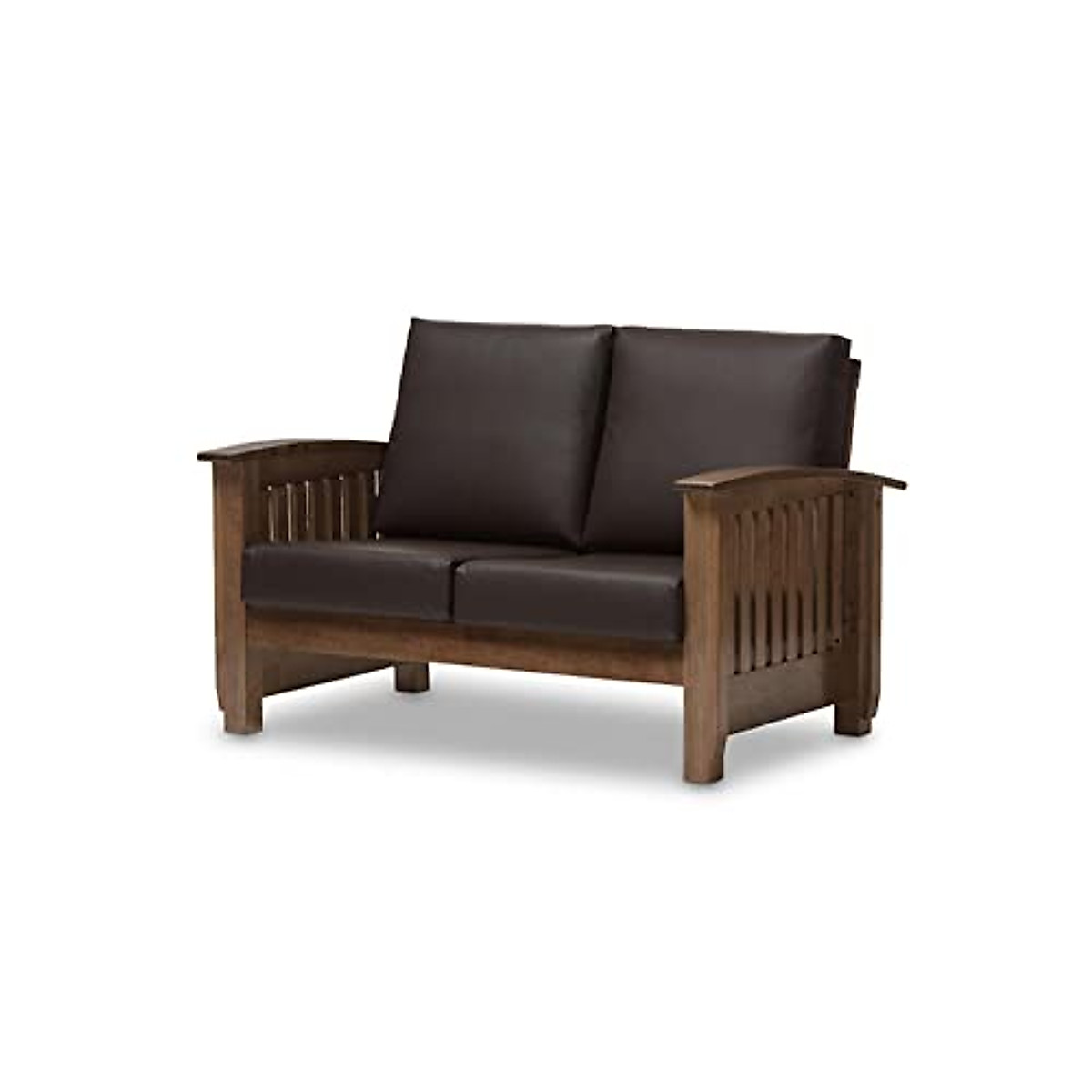 Baxton Studio Charlotte Modern Classic Mission Style Walnut Brown Wood and Dark Brown Faux Leather 2-Seater Loveseat