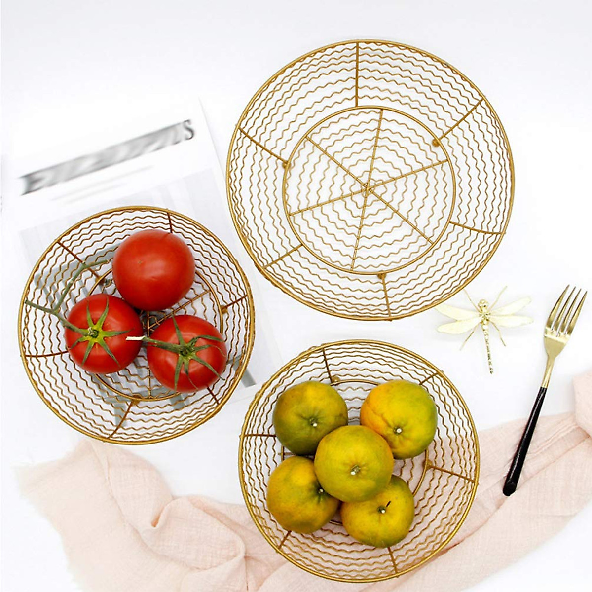 Zerodeko Decorative Storage Baskets Iron Fruit Basket Vegetable Bowl Holder Dish Washing Storage Basket Decorative Bread Snack Stand Tray Organizer for Room Kitchen Cabinet Pantry S Golden