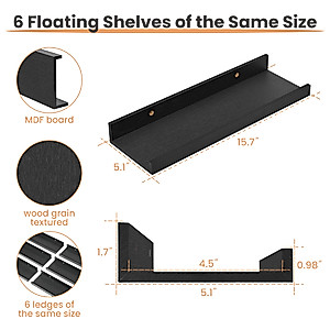 upsimples Floating Shelves for Wall, Wall Shelves for Decor Storage Set of 6, Wall Mounted Wood Shelves for Bedroom, Living Room, Bathroom, Kitchen, Picture Ledge Shelves, Black