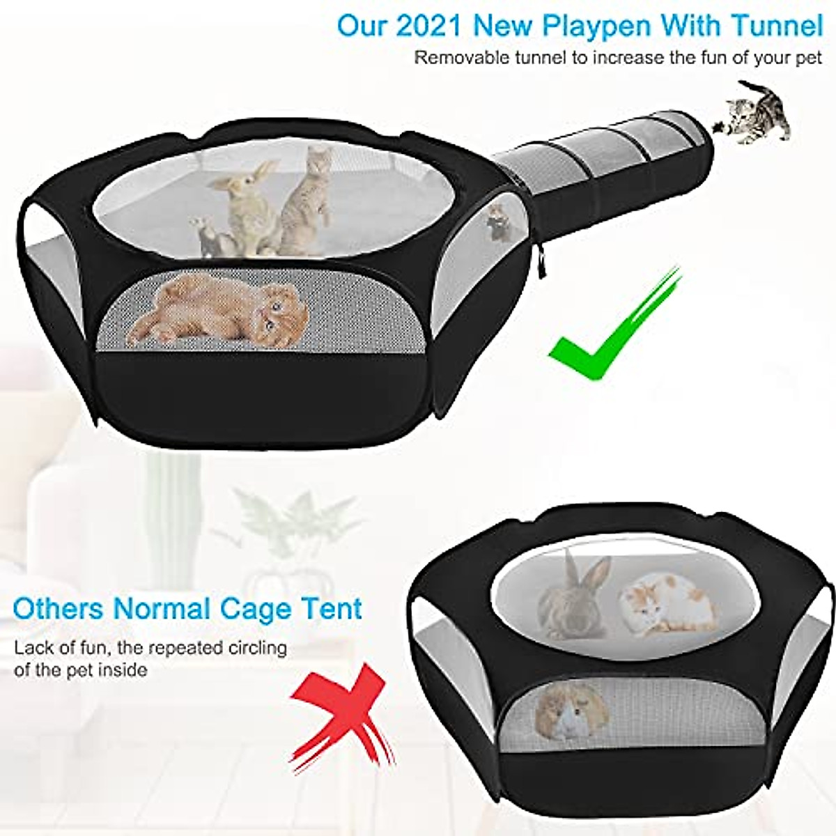 Zhilishu Small Animal Playpen, Portable Guinea Pig Playpen Pet Playpen Kitten Playpen with Double Zippered Cover Indoor Outdoor for Bunny, Rabbit, Hamster Connect Tunnel(Black)