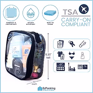 EzPacking Clear TSA Approved 3-1-1 Travel Toiletry Bag for Carry On/Quart Size Transparent Liquids Pouch for Airport Security/Reusable See Through Vinyl & PVC Plastic Organizer Men Women (Black)