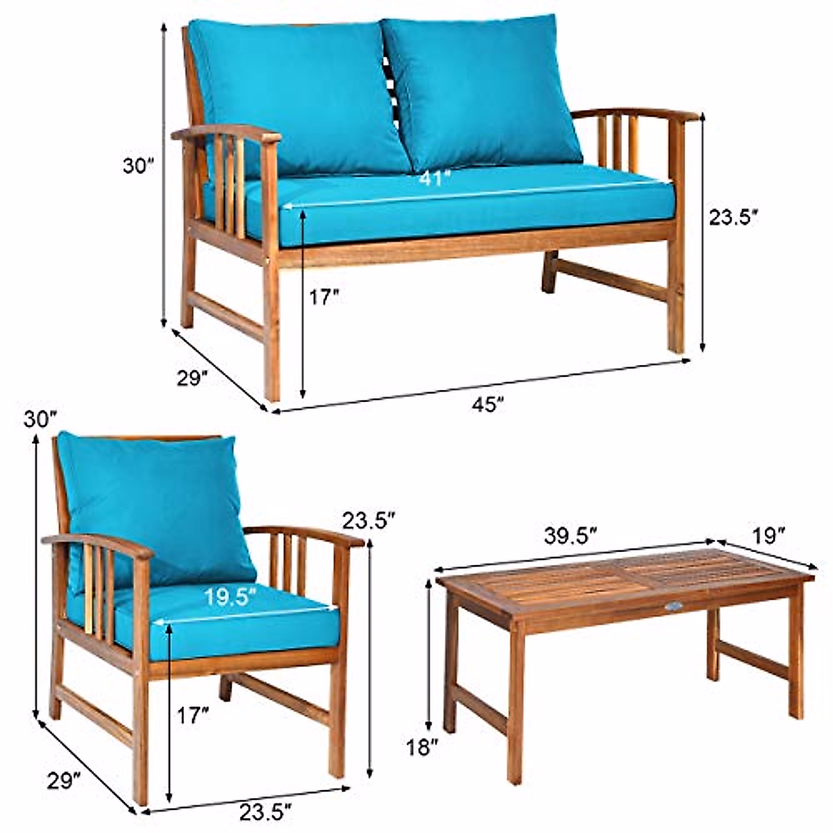 Tangkula 8 PCS Acacia Wood Patio Furniture Set, Outdoor Seating Chat Set w/Gray Cushions Back Pillow, Outdoor Conversation Set w/Coffee Table for Garden, Backyard, Poolside