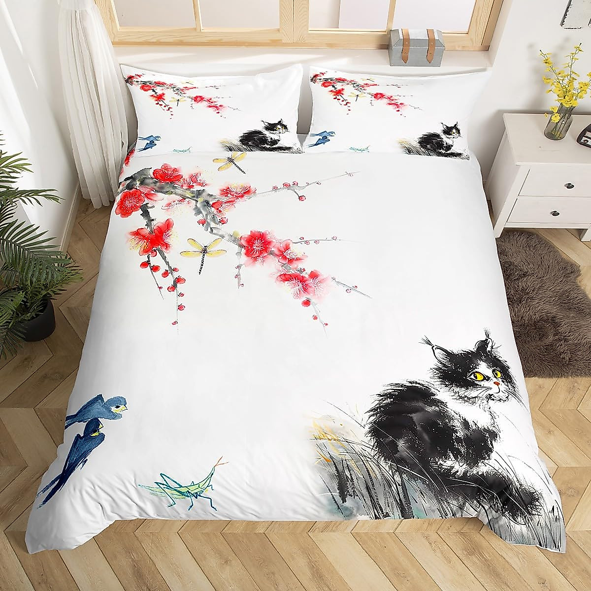 Red Cherry Blossoms Comforter Cover Ink Painting Cat Duvet Cover Kawaii Birds Butterfly Kitten Bedding Set Landscape Painting Chinese Style Bedding Collections with 2 Pillowcases, Full Size