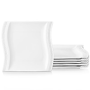 MALACASA White Square Dinner Plates - 10 Inch Porcelain Serving Plates Set of 6, Modern Ceramic Salad Dessert Plates, Dishwasher, Oven and Microwave Safe Kitchen Plates, Series Flora
