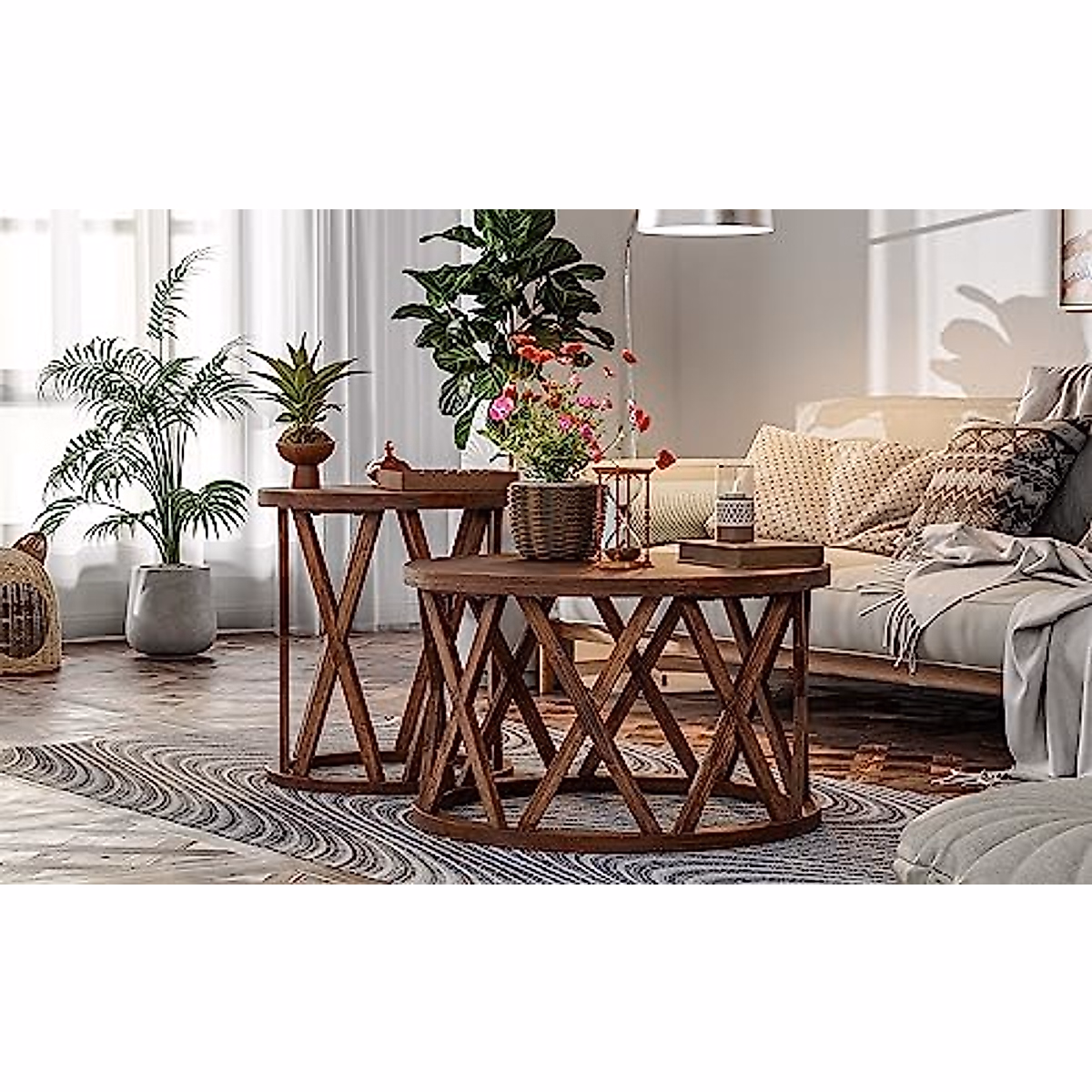 COZAYH Farmhouse Coffee Table, Rustic Round Coffee Table with X-Motifs Legs, Wood Textured Top, for Boho, French Country Decor, Brown