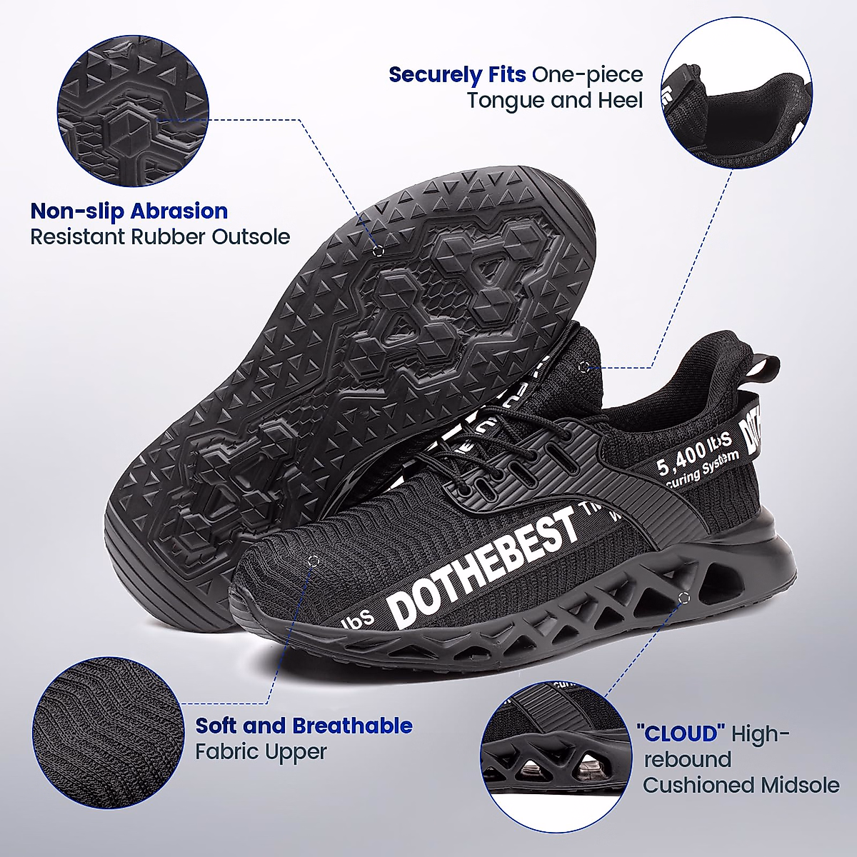 Furuian Safety Shoes Men Work Sneakers, Steel Toe, Lightweight, Comfortable, Black, Size 11.5/13