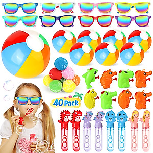 Mocoosy Beach Party Favors for Kids, 40 Pack Pool Party Favors Summer Water Toys Goody Bag Stuffers Including Beach Balls, Bubble Wands, Sunglasses Bulk for Birthday Party Supplies Outdoor Fun Play