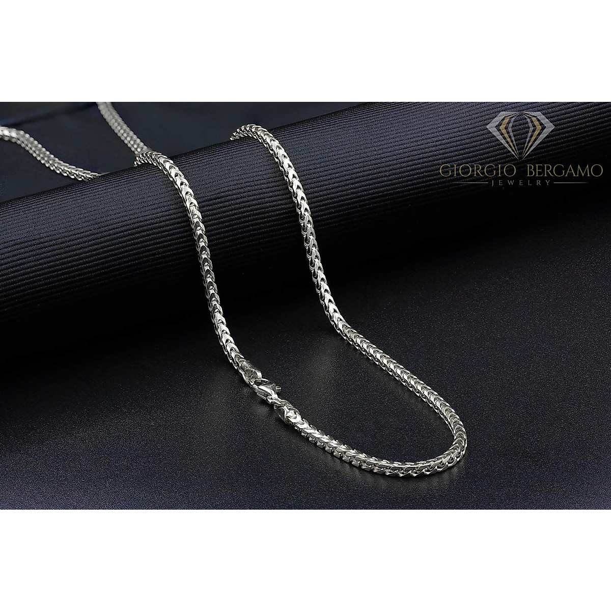 Giorgio Bergamo 925 Italian Sterling Silver 2.5mm Solid Franco Chain, Rhodium Plated Square Box Link Necklace, (20)