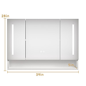 Leavader Aluminum Bathroom Medicine Cabinet with Mirrors and LED Lights, Three-Door Storage Cabinet Bathroom Wall Cabinet with Mirrored Door (39 x 28 inch)