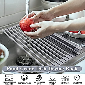 Neholef Roll-Up Dish Drying Rack, Over The Sink Multipurpose Dish Drainer Rack, Heat-Resistant Anti-Slip Silicone Coated Dish Rack for Kitchen Sink Countertop