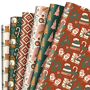 AnyDesign 12 Sheet Boho Christmas Wrapping Paper Christmas Tree Bell Hat Gift Wrap Paper Bulk Folded Flat Vintage Decorative DIY Craft Paper for Birthday Wedding Party Gift Decor, 19.7 x 27.6 Inch