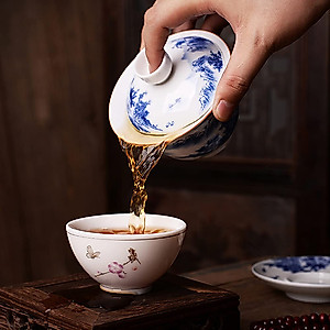 Jingdezhen Chinese Gaiwan Handmade 6.3oz/180ml Mountain Style China Blue and White Porcelain Gaiwan Kungfu Teacup Traditional Chinese Teaware Tea Set