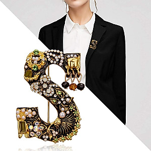 Pearl Initial Letter Brooch Pin, Crystal Rhinestone Gold Plated Alphabet Brooches for Women Girls, Pearl Lapel Pin for Bag Clothes Costume Jewelry - S