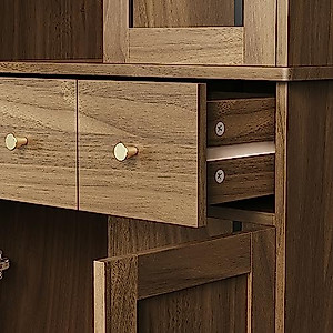 Display Cabinet with Glass Doors and Adjustable Shelves,3-Tier Home Office Bookshelf with Storage Drawers, Freestanding Storage Cabinet for Office Bedroom Dining Living Room（Natural Wood）