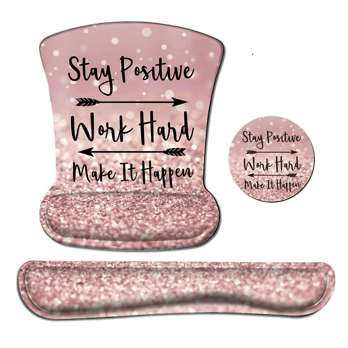 iCasso Ergonomic Mouse Pad with Wrist Support Set, Keyboard Wrist Rest+ Mouse Wrist Rest Pad + Coaster, Non-Slip Base Cute Mouse Mat, Pain Relieve Desk Mousepadfor Computer (Pink Stay Positive)