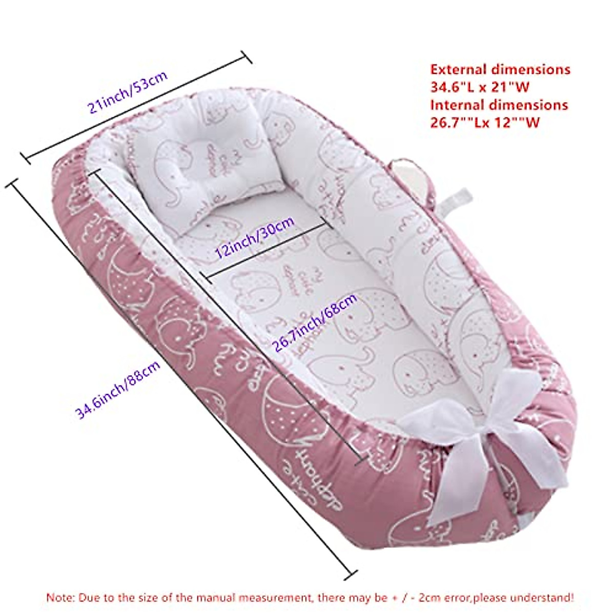 Vohunt Baby Lounger for Newborn,100% Cotton Co-Sleeper for Baby in Bed with Handles,Soft Newborn Lounger Adjustable Size & Strong Zipper Lengthen Space to 3 Tears Old(Elephant Pink)