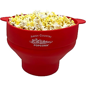 Amish Country Popcorn | Collapsible Silicone Microwave Popper with Customized ACP Logo | BPA and PVC Free Popcorn Bowl with Handles | Dishwasher Safe | Includes 2-2 oz Bags of Kernels (Red)