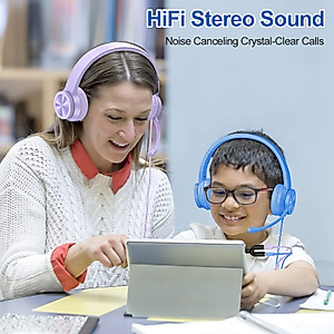 【2 Pack】Kids Headphones with Microphone for School, Wired Headsets with 94dB Volume Limit & Sharing Splitter for Boys/Girls, Computer Headset for Smartphones/iPad/PS4/Xbox One/PC, Blue&Purple